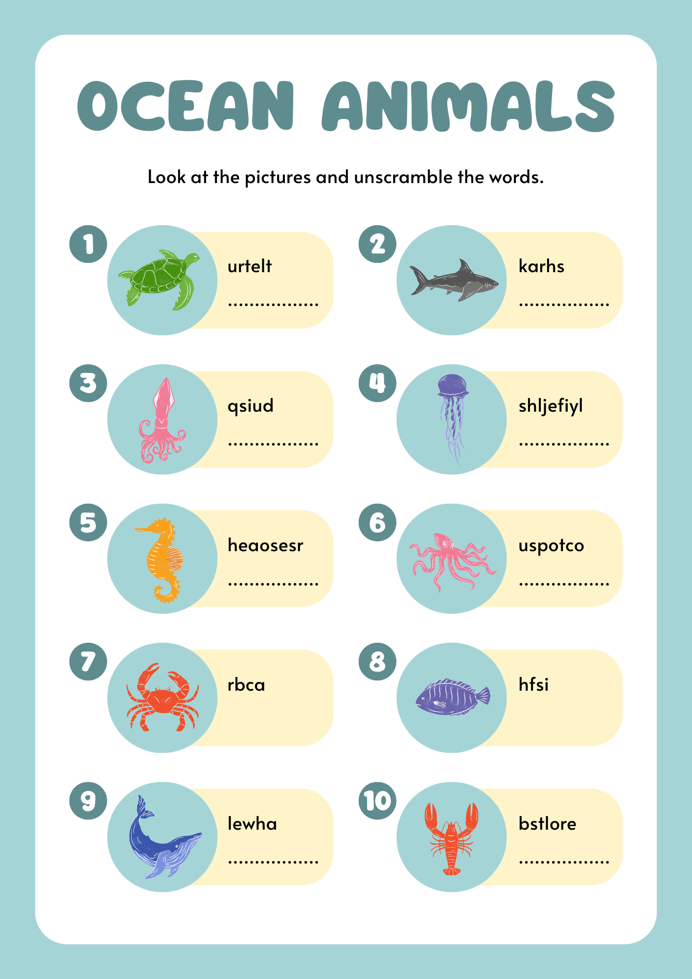 Ocean Animals Scramble Puzzle Worksheet – Prophet Tales