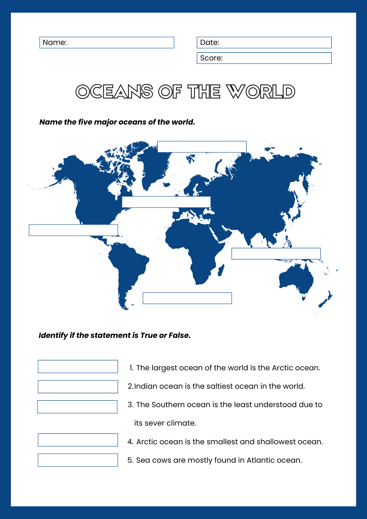 Oceans of the World Labeling Worksheet – Prophet Tales